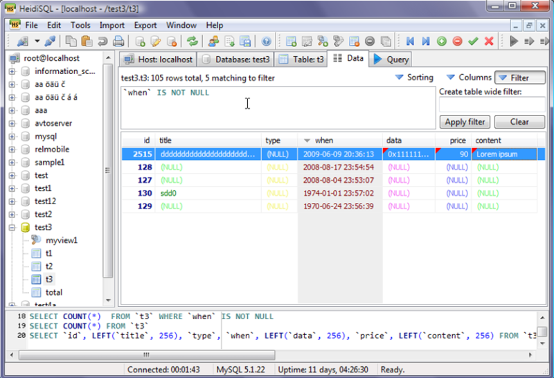 Using HeidiSQL in testing.